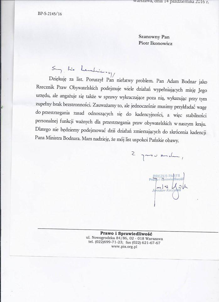 List otwarty Piotra Ikonowicza w sprawie RPO i odpowiedź prezesa Jarosława Kaczyńskiego